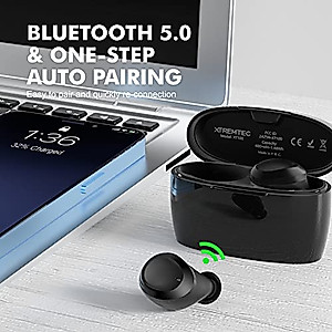 XTREMTEC True Wireless Earbuds, Bluetooth Earbuds Noise Cancelling Bluetooth Headphones for iPhone/Android Small Earbuds with Mic Waterproof Cordless in-Ear Earphones Deep Bass Sound (Black)
