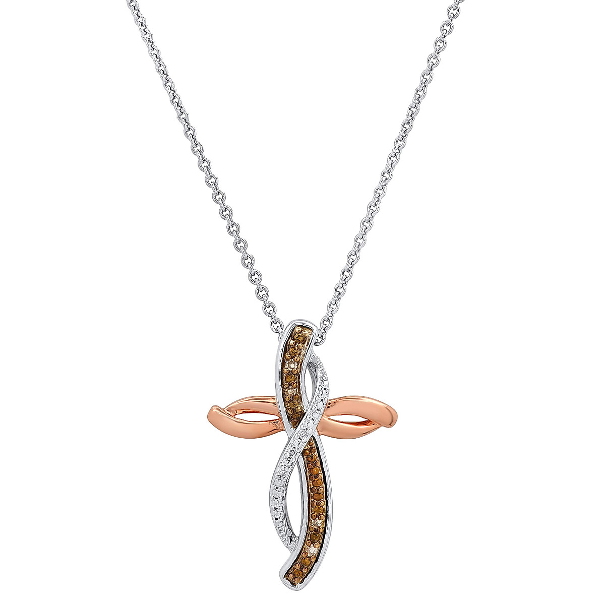 Dazzlingrock Collection Ladies Swirl Cross Religious Infinity Pendant with Round Diamond Accents, White & Rose Gold Plated Two Tone Sterling Silver