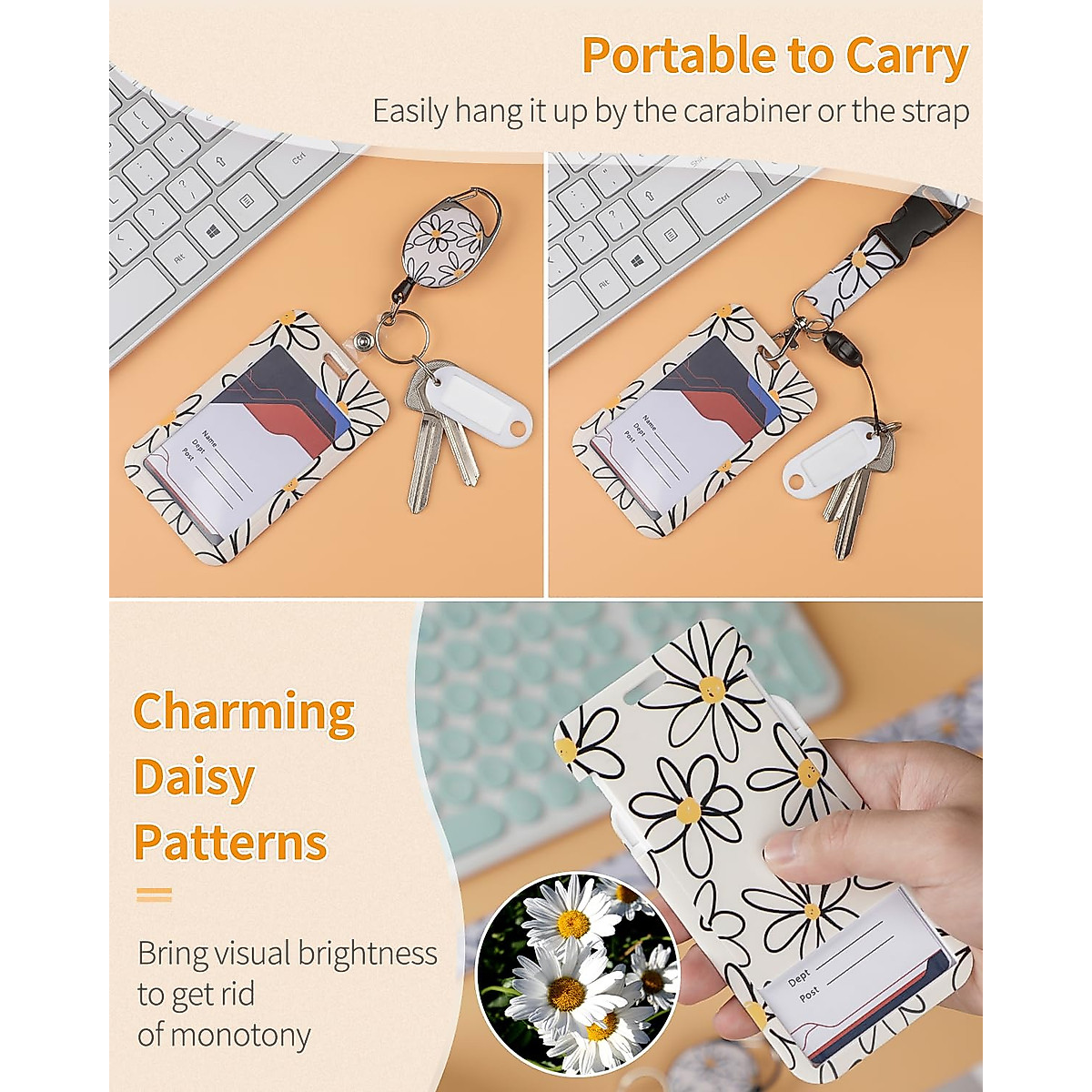 Uniclife Floral Sliding Badge Holder White Flower Plastic Case with Retractable Badge Reel Carabiner Clip and Detachable Lanyard Strap Hard Vertical Card Protector for Women Nurse Teacher Student