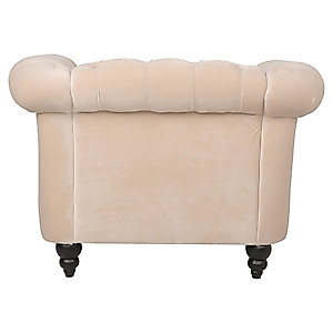 LEVNARY Velvet Chesterfield Chair, Mid-Century Modern Single Sofa Chair with Button Tufted Backrest and Nailhead Decor, Tufted Upholstered Rolled Armchair for Home Bedroom Reading Room (Beige)