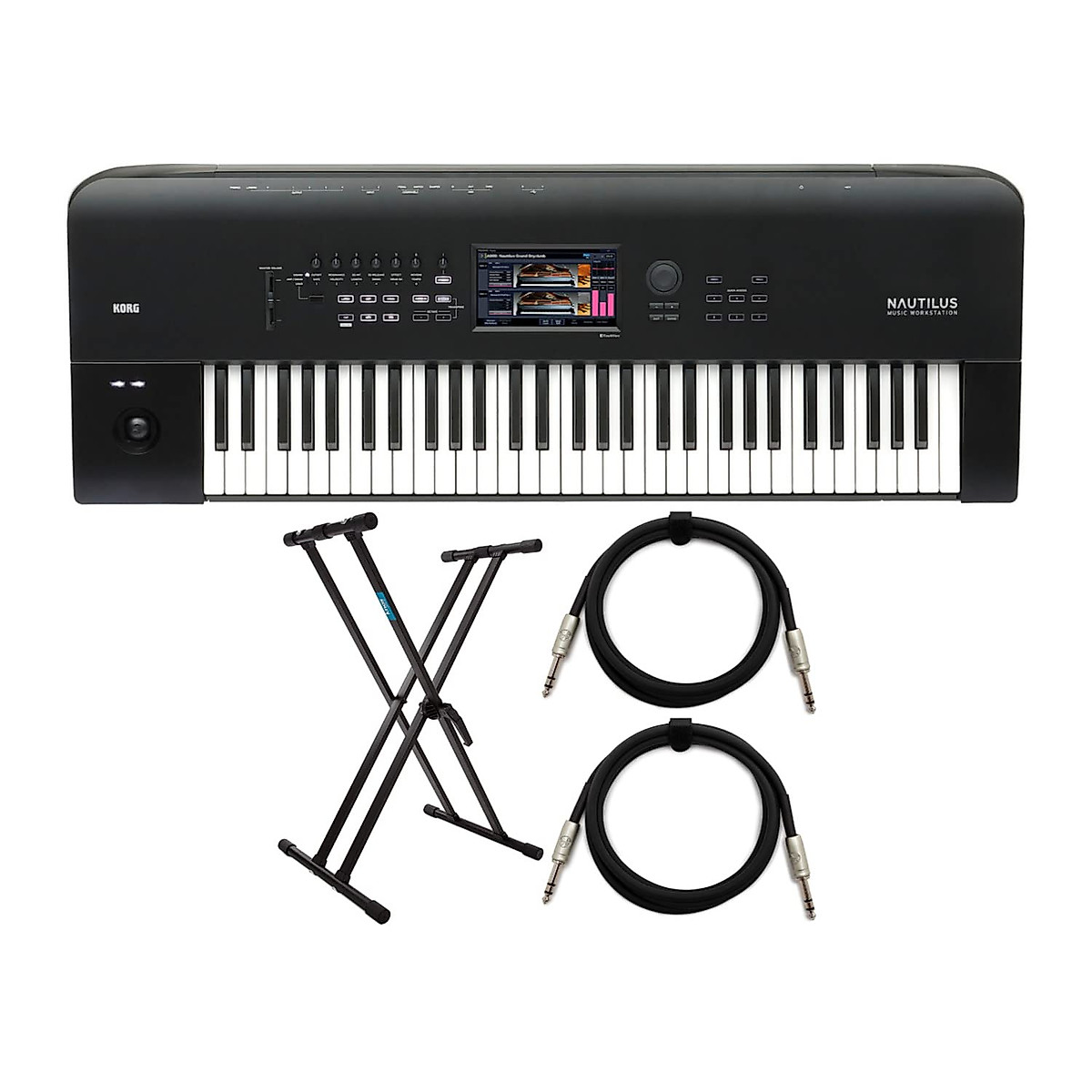 Korg NAUTILUS 61-Key Workstation Synthesizer Bundle with Keyboard Stand and 6-Feet TRS Cable (2-Pack) (4 Items)