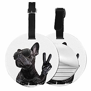TKS MITLAN 1 Pcs Luggage Tag French Bulldog Privacy Cover ID Label Address Card for Travel Bag Suitcase Cool Trendy Posing with Sunglasses Victory Fingers Leather Luggage Tag Travel(Round)
