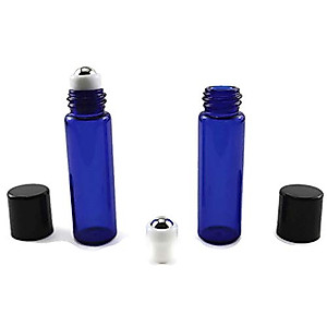 HS HEALTHY SOLUTIONS GLASSWARE 5ml COBALT BLUE Glass Roll On Roller Bottles 144 with Stainless Steel Roller Inserts & Flat Black Screw Caps - Pack of 144 each.