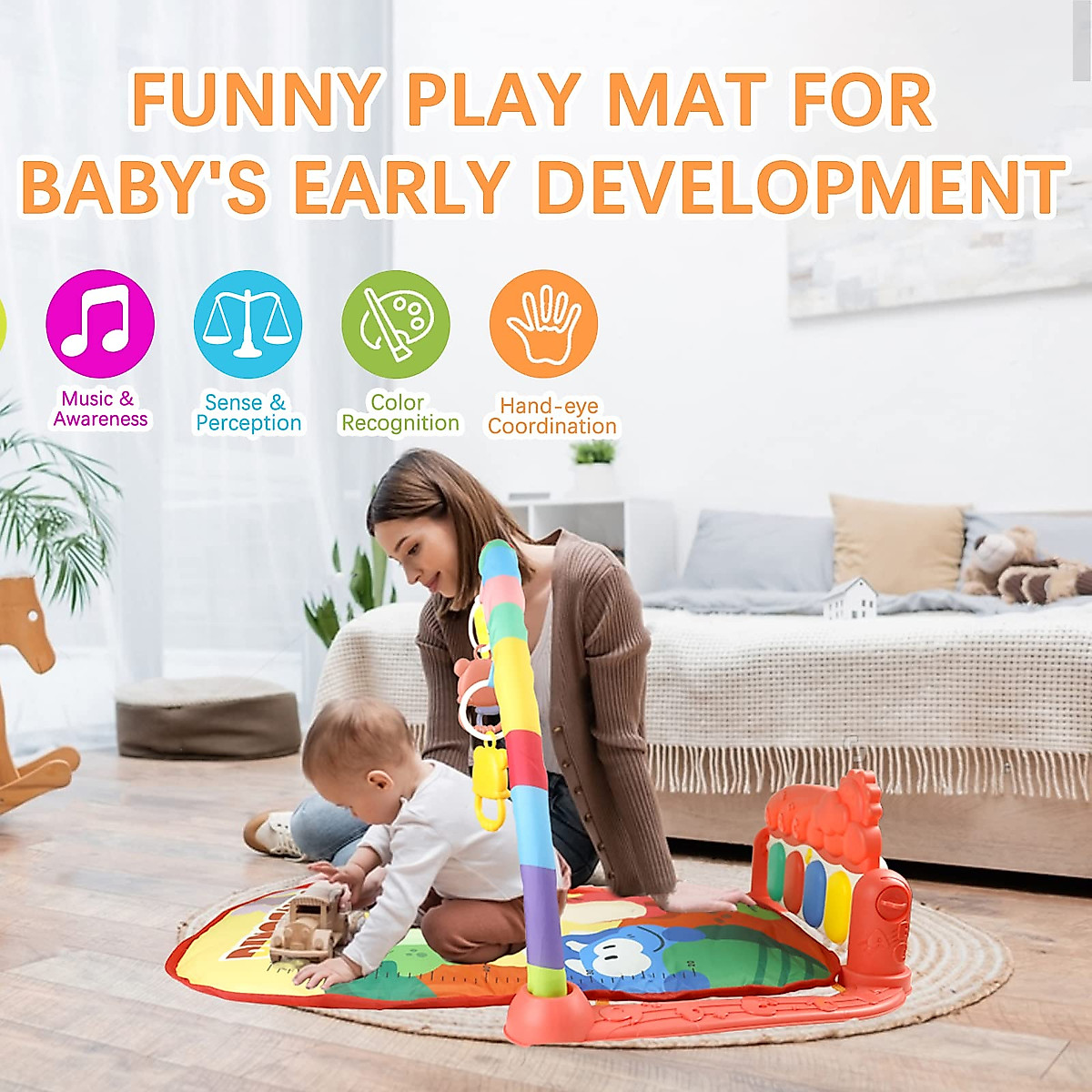 BLUELF Baby Play Mat Baby Gym, Baby Activity Mat with Play Piano Music and Lights, Piano Gym Floor Mat, Early Development Baby Play Mat Gift for Babies Newborn