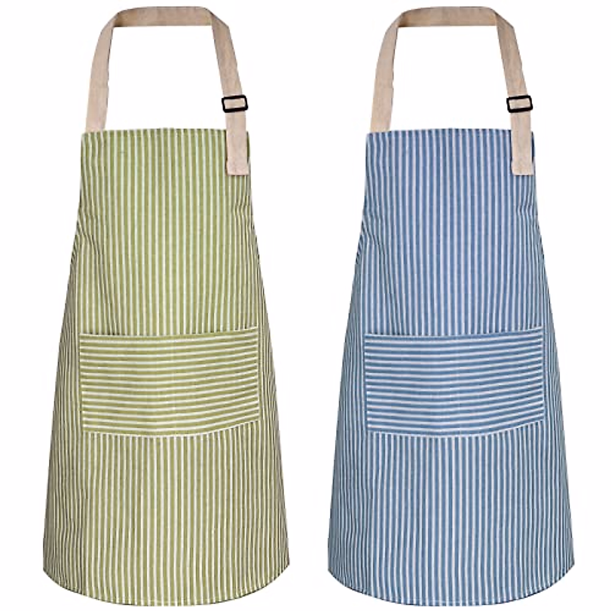 ATROPOS 2 Pack Aprons for Women with Pockets,Waterproof Cooking Aprons for Women,Adjustable Bib Apron Chef Aprons Painting Apron for Kitchen,Cooking,Baking,BBQ,Cleaning,Painting（Green/Blue Stripes）