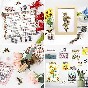 Ieebee Flower Washi Tape Set, 34 Rolls Floral Tapes for Journaling Supplies, 25mm and 15mm Decorative Tape for Crafts, Christmas Gifts for Moms, Girlfriends, Kids (Rose, Sunflower, Lavender)