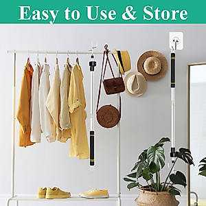 Greeily Clothes Hanger Reaching Hook, High Reach Garment Hook Telescopic Adjustable 37" to 63" for Hanging Clothes Plants Bird Feeders Christmas Light Pole Stainless Steel Material with 2 Long Hooks