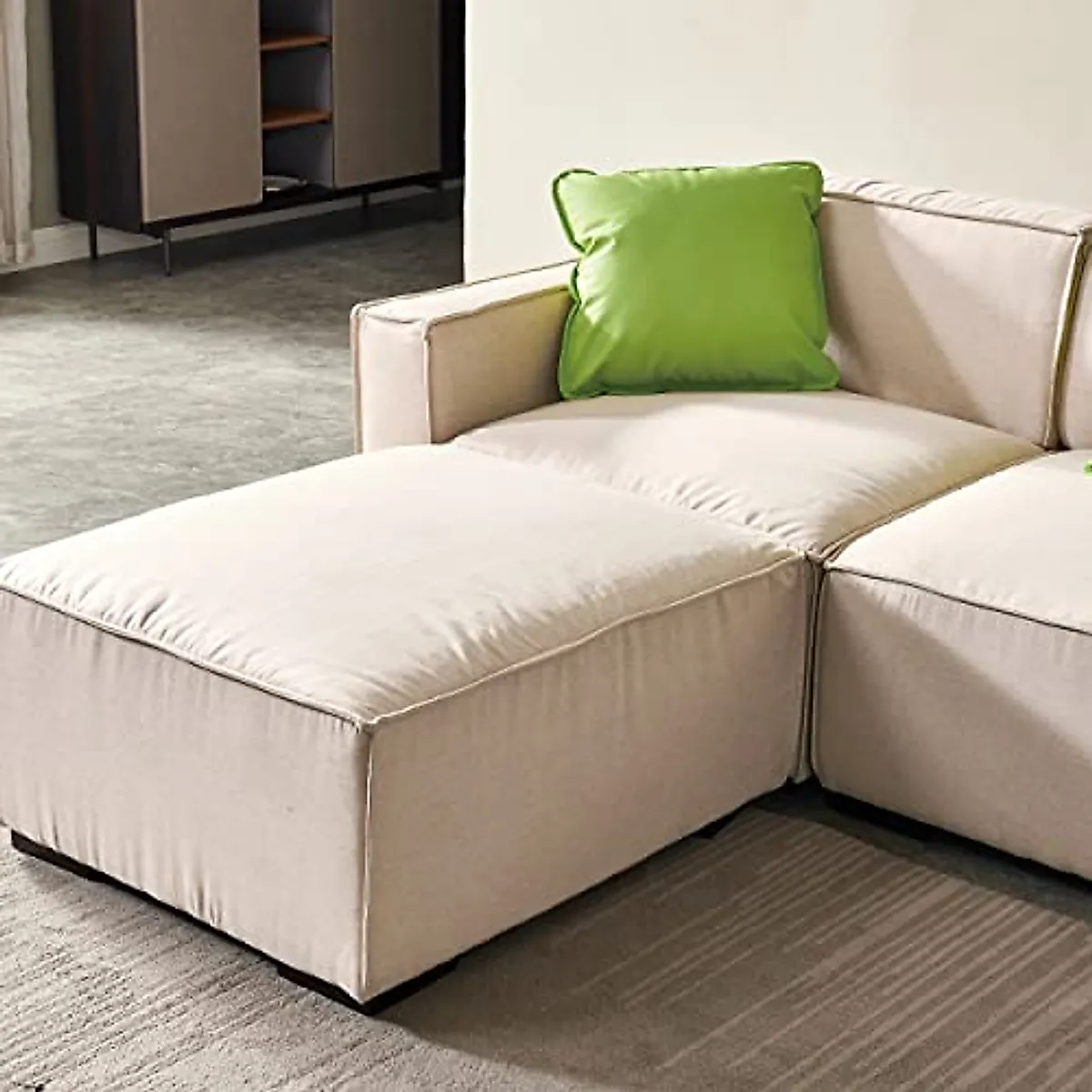 Myshle Faux Leather Fabric Reversible 4 Seater Sectional Couch with Storage, Modular Sofa L Shape with Convertible Ottoman Chaise, Beige