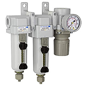 PneumaticPlus SAU330-N03G-MEP Three Stage Compressed Air Drying System - Particulate Air Filter, Coalescing Filter, Air Pressure Regulator Combo 3/8" NPT - Metal Bowl, Manual Drain, Gauge