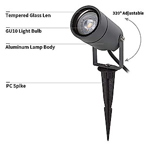 DAWALIGHT Outdoor Spot Light, Landscape Lighting 6W Spotlight for Yard, Replaceable GU10 Bulb 110V 3000K IP65 Waterproof, Aluminum, 5ft Cable Garden Patio Driveway House