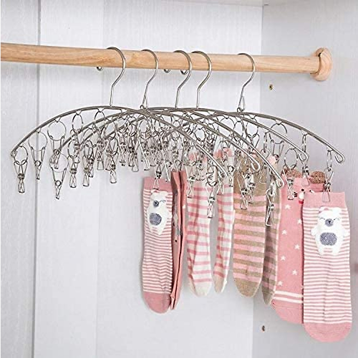 WudTus Clothes Hanger with 10 Clips, Stainless Steel, Windproof, for Drying Socks, Bras, Underwears, Baby Clothes, Hats, Scarfs, Towels, Pants and Gloves (4 Pack)
