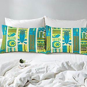 Exotic Tiki Pattern Duvet Cover, Tropical PineBedding Set, Tribal Style For Kids Boys Girls Comforter Cover, Abstract Ocean Beach Quilt Cover Bed Decor With 2 Pillow Shams Queen Size, Blue