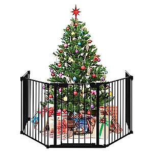 Costzon Baby Safety Gate, 121 Inch Length 5 Panel Adjustable Wide Fireplace Fence, BBQ Metal Fire Screen Gate, Pet Isolation Fence with Walk-Through Door, Freestanding Pets Gate (Black, 5-Panel)
