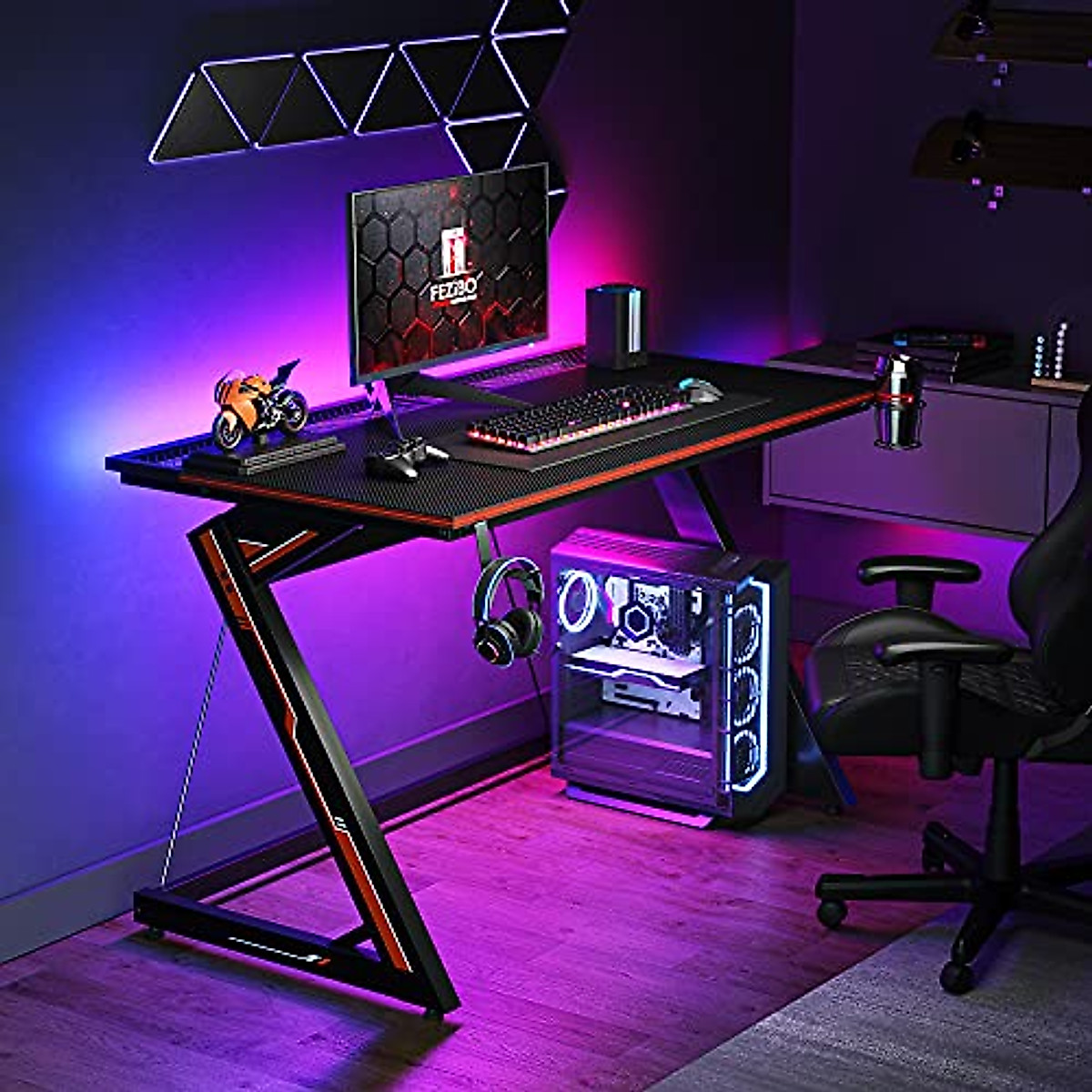 FEZIBO Gaming Desk 40 inch with LED Lighting, PC Computer Desk Gaming Table Z Shaped Gamer Workstation with Wire Mesh, Black