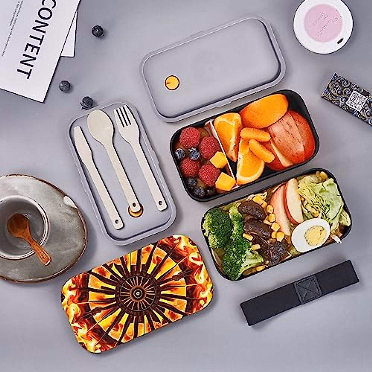 Turning The Flame Adult Lunch Box, Bento Box, With Cutlery Set Of 3, 2 Compartments, Rectangular, Lunch Box For Adults