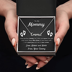Name Necklace Baby Feet Heart Necklace Baby Gift Set To My Mommy Necklaces For Women Gifts for New Mom Baby Shower Gifts for Mom To Be Pregnancy Gifts for First Time Pregnant Moms Christmas Gift for Wife (Standard Box, Baby Bump Custom Name)