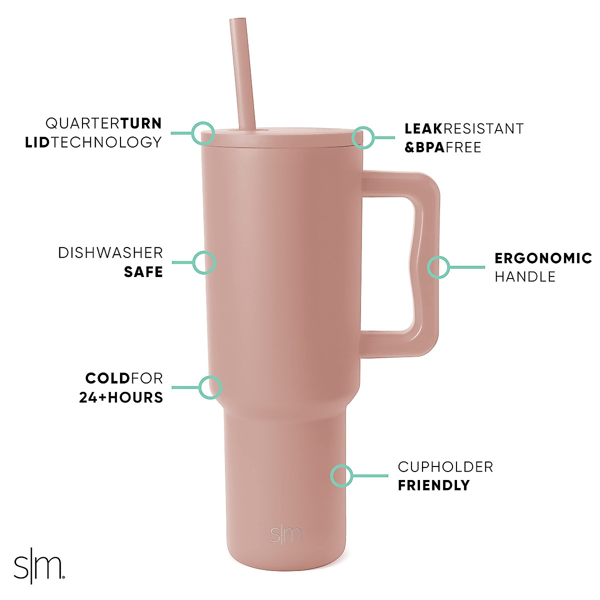 Simple Modern 40 oz Tumbler with Handle and Straw Lid | Insulated Reusable Stainless Steel Water Bottle Travel Mug Cupholder Use | Gifts Women Men Him Her | Trek Collection | 40oz | Mauve Me