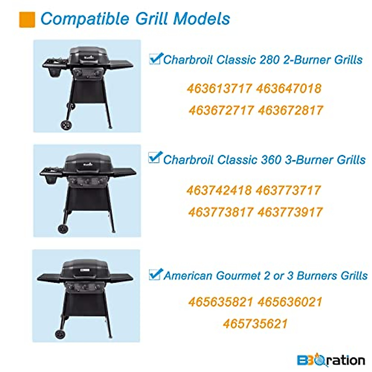 BBQration Replacement Kit for Char-Broil Classic 280 2-Burner 463613717 463647018 463672717 463672817 G215-0203-W1 G320-0200-W1A, Replacement Parts for American Gourmet 465635821 465636021