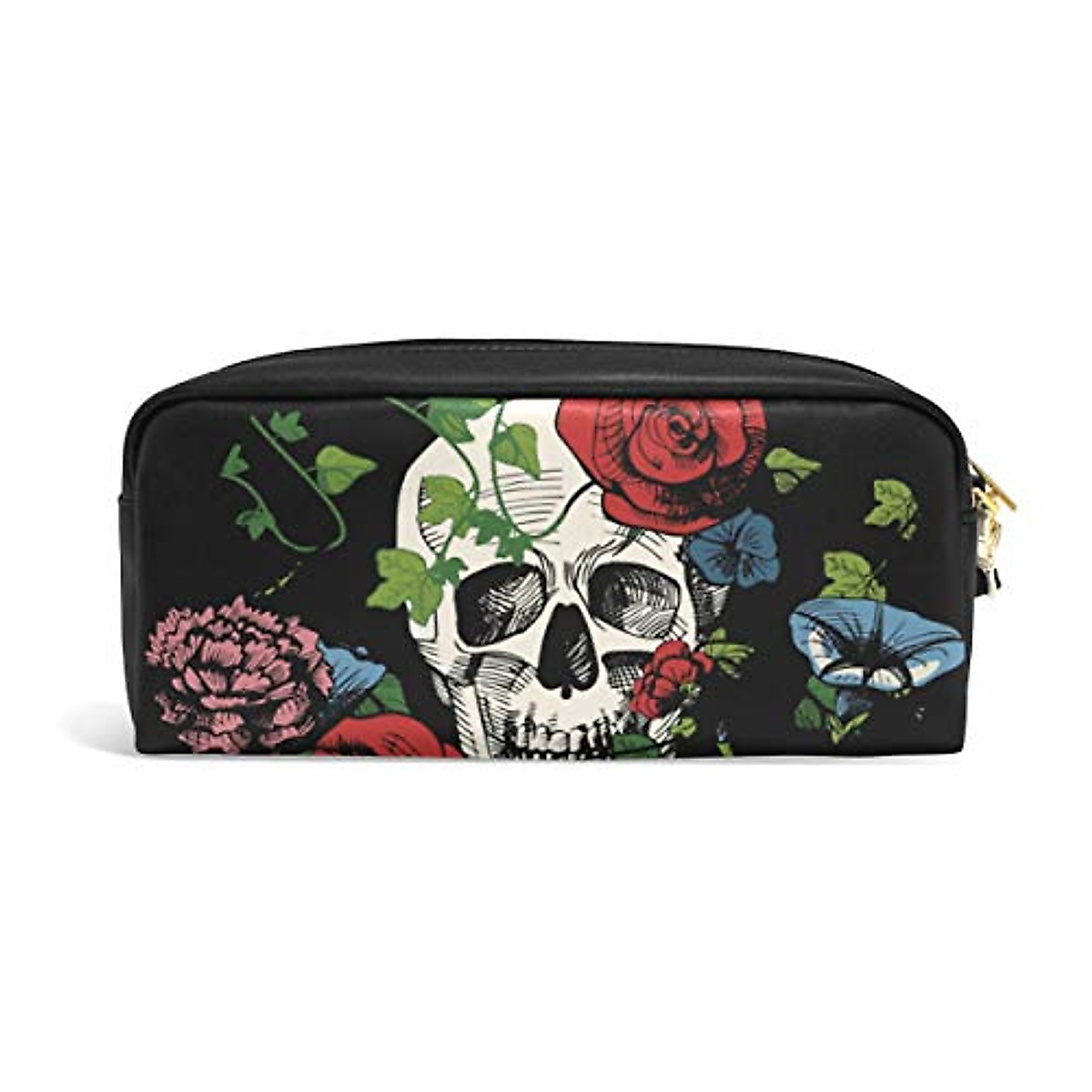 ALAZA Cute Pencil Case Skull Rose and Leaves Pen Cases Organizer PU Leather Comestic Makeup Bag Make up Pouch, Back to School Gifts