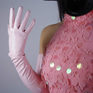 DooWay LATEX Super LONG GLOVES Pink 28-inch PU Faux Leather Patent 70cm Simulation Sexy Women Evening Party Dress Matching