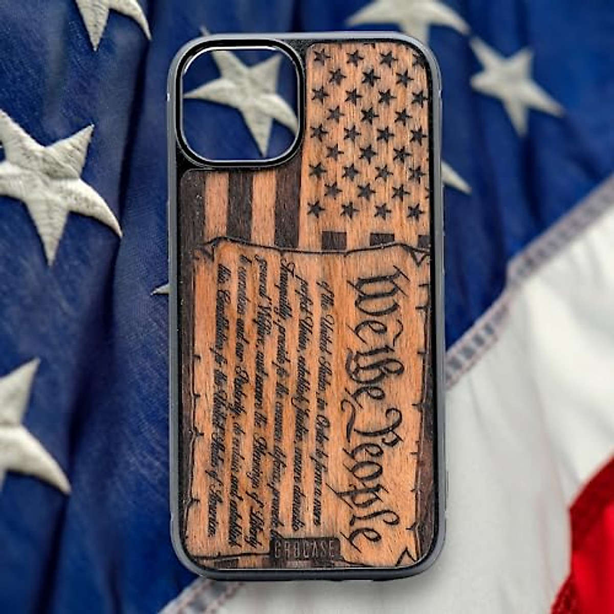 GR8CASE | iPhone 14 Case | iPhone Wood Case | Hand Crafted | Cherry Wood Phone Case | Black Stained Cherry | Constitution | We The People On American Flag | Handmade Phone Case