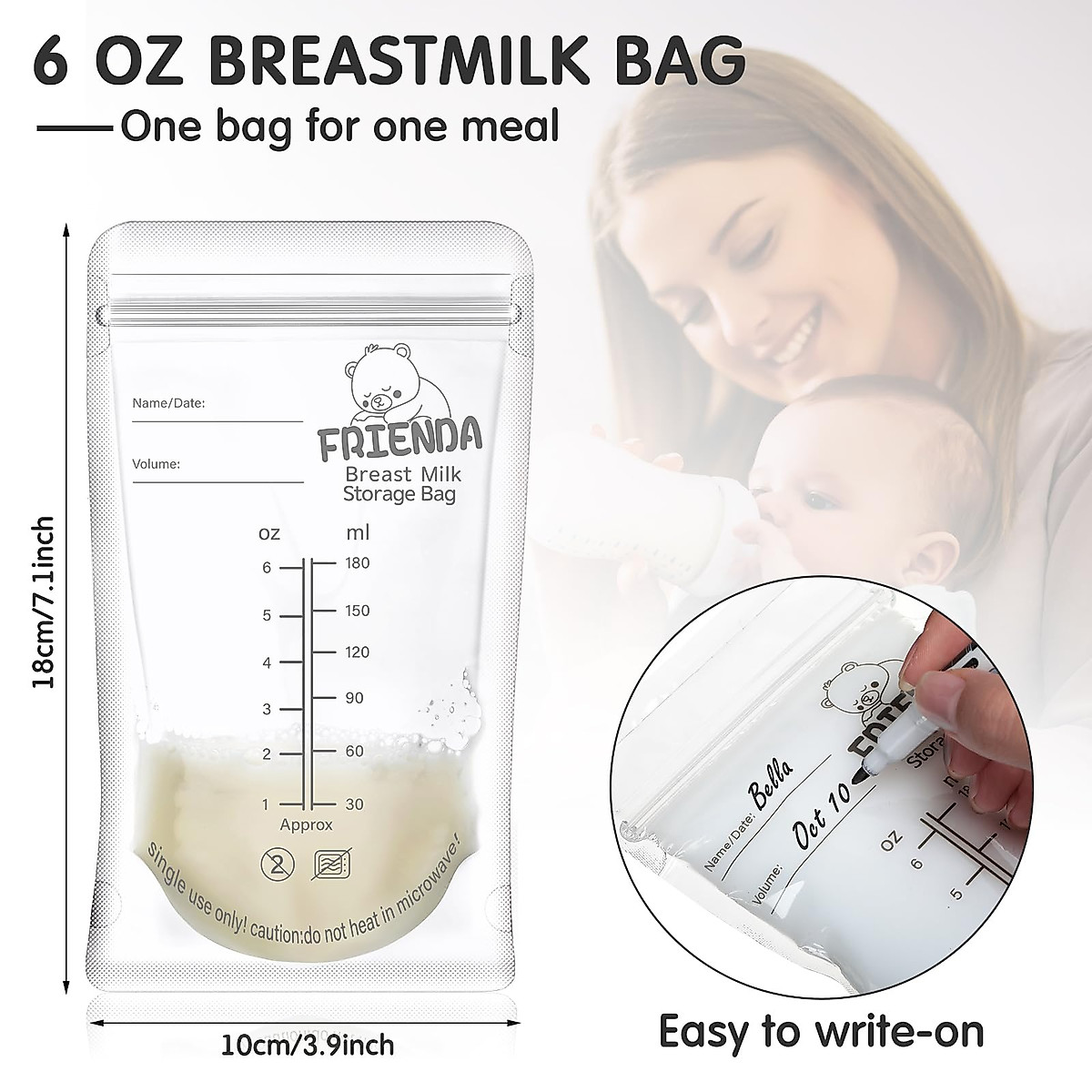 Frienda 500 Count Breastmilk Storage Bags 6 oz Breast Milk Bags for Freezing Self Standing Breast Milk Storing Bags for Breastmilk Leak Proof Double Zipper Seal Breastfeeding Storage Container