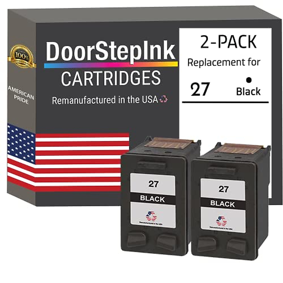 DoorStepInk Remanufactured in The USA Ink Cartridge Replacement for HP 27 Black Twin Pack for HP Printers DeskJet 3320, 3322, 3420, 3425, 3450