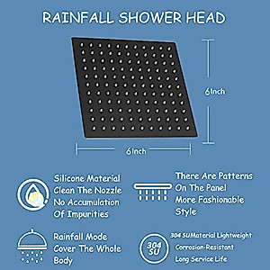 6 inch Shower Head with handheld, High Pressure 6" Rainfall Stainless Steel Shower Head/Handheld Shower with hose (Square, Matte Black)