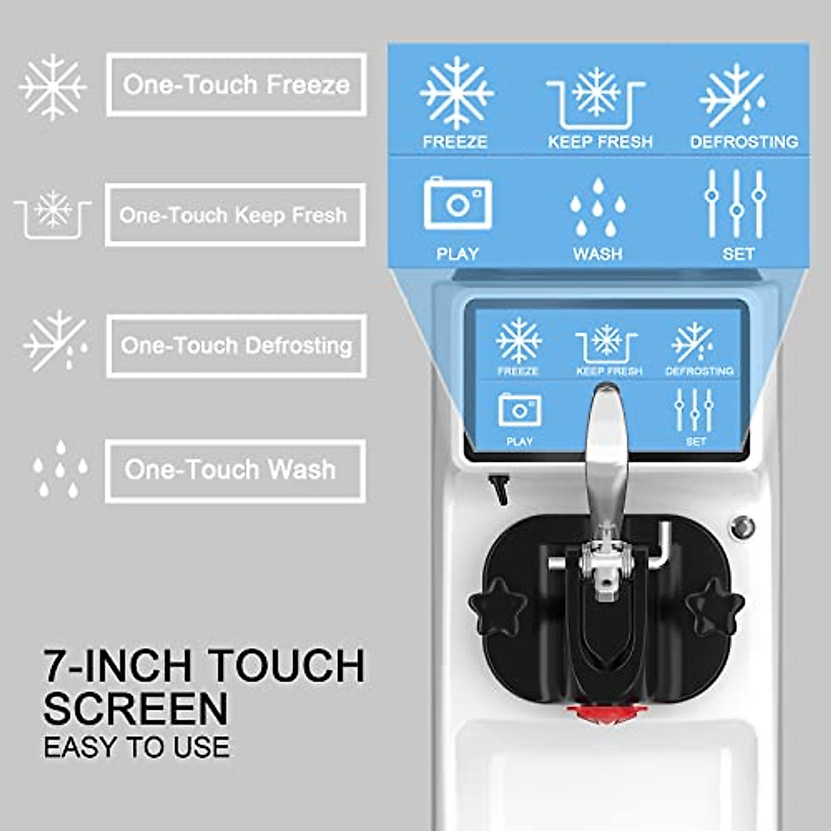 GSEICE Commercial Ice Cream Maker Mchine, 7 Inch LCD Touch Screen 4.2 to 4.7 Gal/H Soft Serve Machine with Pre-cooling frequency conversion, Soft Serve Ice Cream Maker With 1.6 Gal Tank,9 Magic Heads