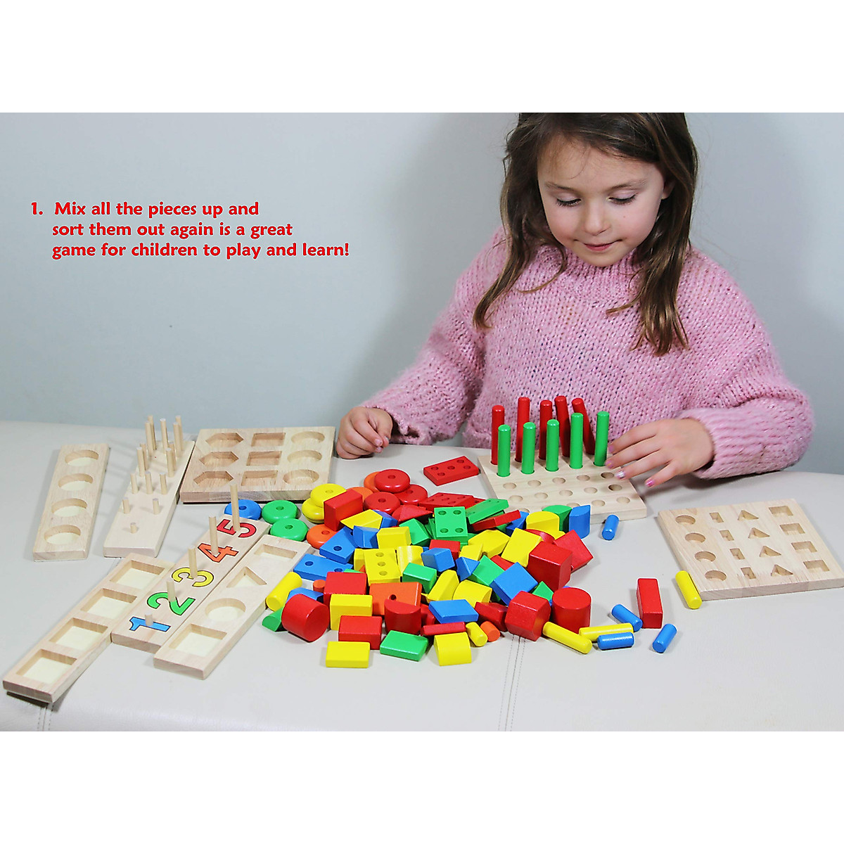 TOWO Wooden Geometric Shapes Stacking Rings and Fractions Boards 8 in 1 Set Puzzles- Shape Sorter Sorting Toy Stacking Game – Montessori Materials Educational Learning Toys for 3 4 5 6 Years