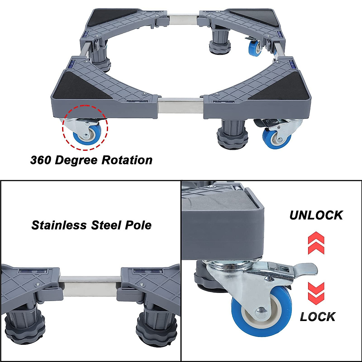 Artilife Adjustable Mobile Base,Multi-functional Movable Base with 4 Single Wheels 4 Feet for Washing Machine,Dryer and Refrigerator