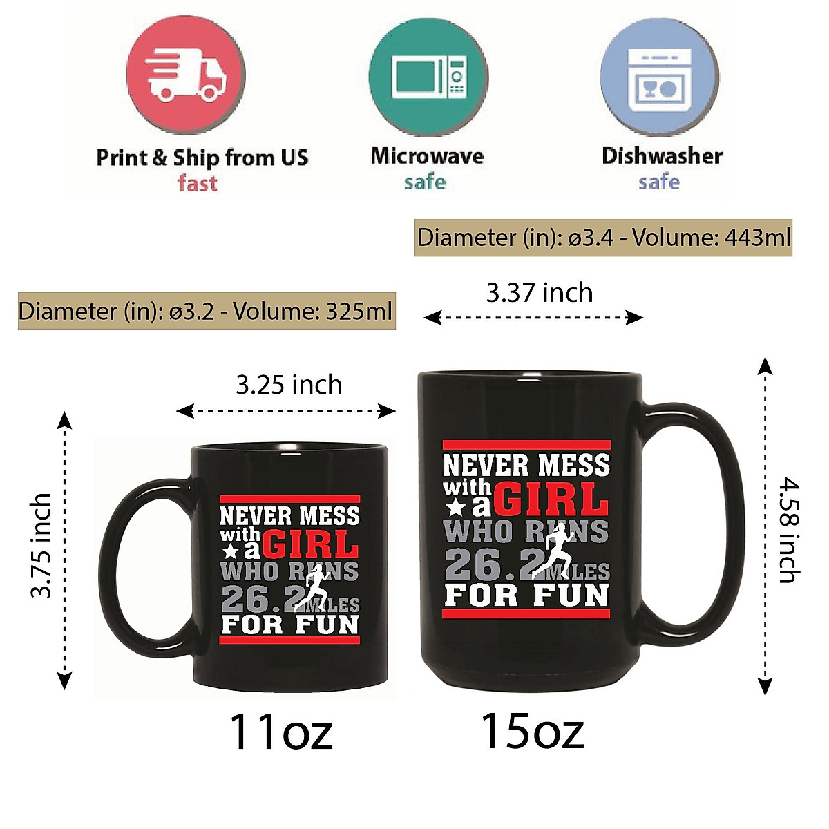 Never mess with a girl Run humor quote a long Distance Marathon Runner for Running lovers girls 11oz 15oz Black Coffee Mug