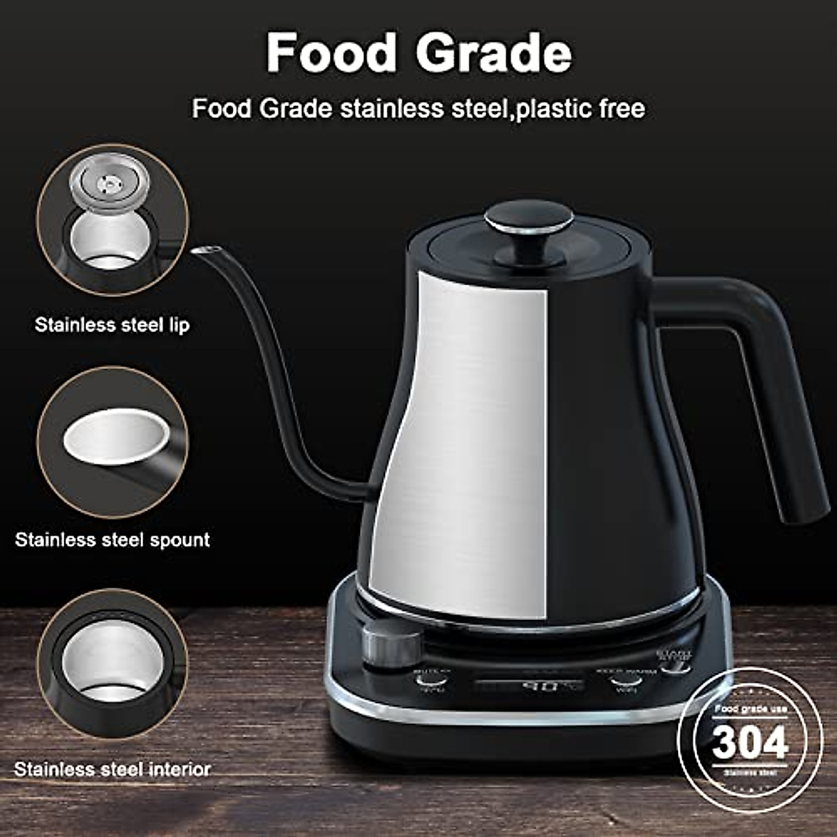 Gooseneck Electric Kettle, WiFi Smart Electric Kettle Temperature Control, Pour Over Kettle and Tea Kettle, TUYA App Control, 1200W Quick Heating, 100% Stainless Steel, 0.8L, Matte Black