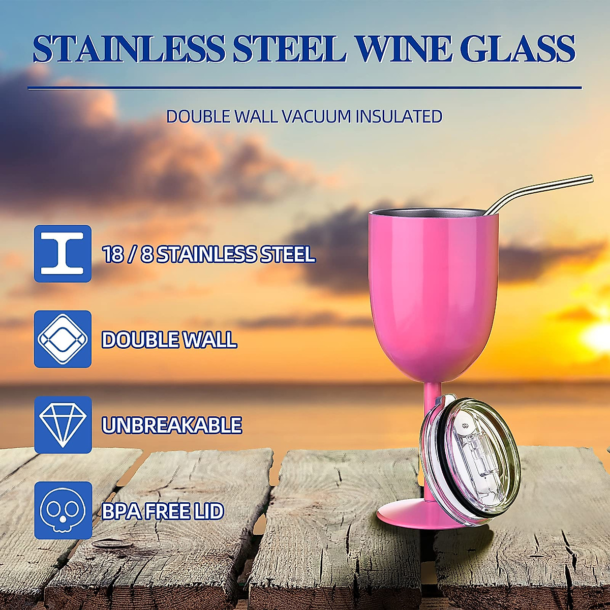 Geiserailie Stemmed Stainless Steel Wine Glasses with Lid Double Wall Insulated Wine Tumbler Unbreakable Goblets with Drinking Straw and Straw Brush, 10 oz(Black, White, Silver,3 Pieces)