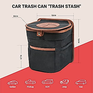 Owleys Car Trash Can Garbage Bag Trash Bin Collapsible Lid Hanging Trashcan Cute Automotive Waste Basket Leakproof Trash Cans Portable Black Brown Tan