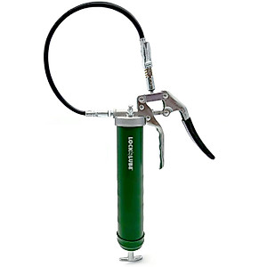LockNLube Heavy-Duty Pistol Grip Grease Gun. Includes our patented LockNLube® Grease Coupler (Locks On, Stays On, Won't Leak!) plus a high-quality 20" hose and in-line hose swivel