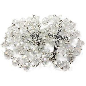 Nazareth Store White Clear Crystal Beads Rosary Prayer Beaded Necklace with Holy Soil Medal and Jesus Cross Communion Rosary