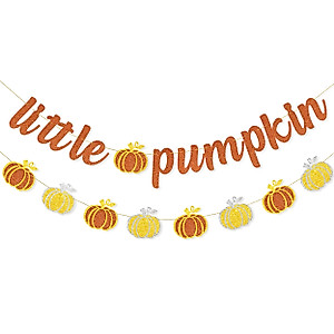 Uniwish Little Pumpkin Banner for Pumpkin Themed Baby Shower Decorations Garland Pumpkin Orange Glitter Thanksgiving Fall Harvest Kids Birthday Party Supplies