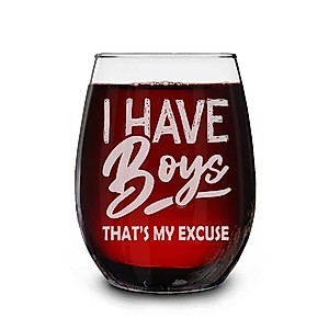 shop4ever I Have Boys That’s My Excuse Engraved Stemless Wine Glass 15 oz. Gift for Mom