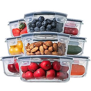 HOMBERKING Glass Food Storage Containers with Lids, [18 Piece] Glass Meal Prep Containers, Airtight Glass Lunch Bento Boxes, BPA-Free & Leak Proof (9 lids & 9 Containers) - Grey