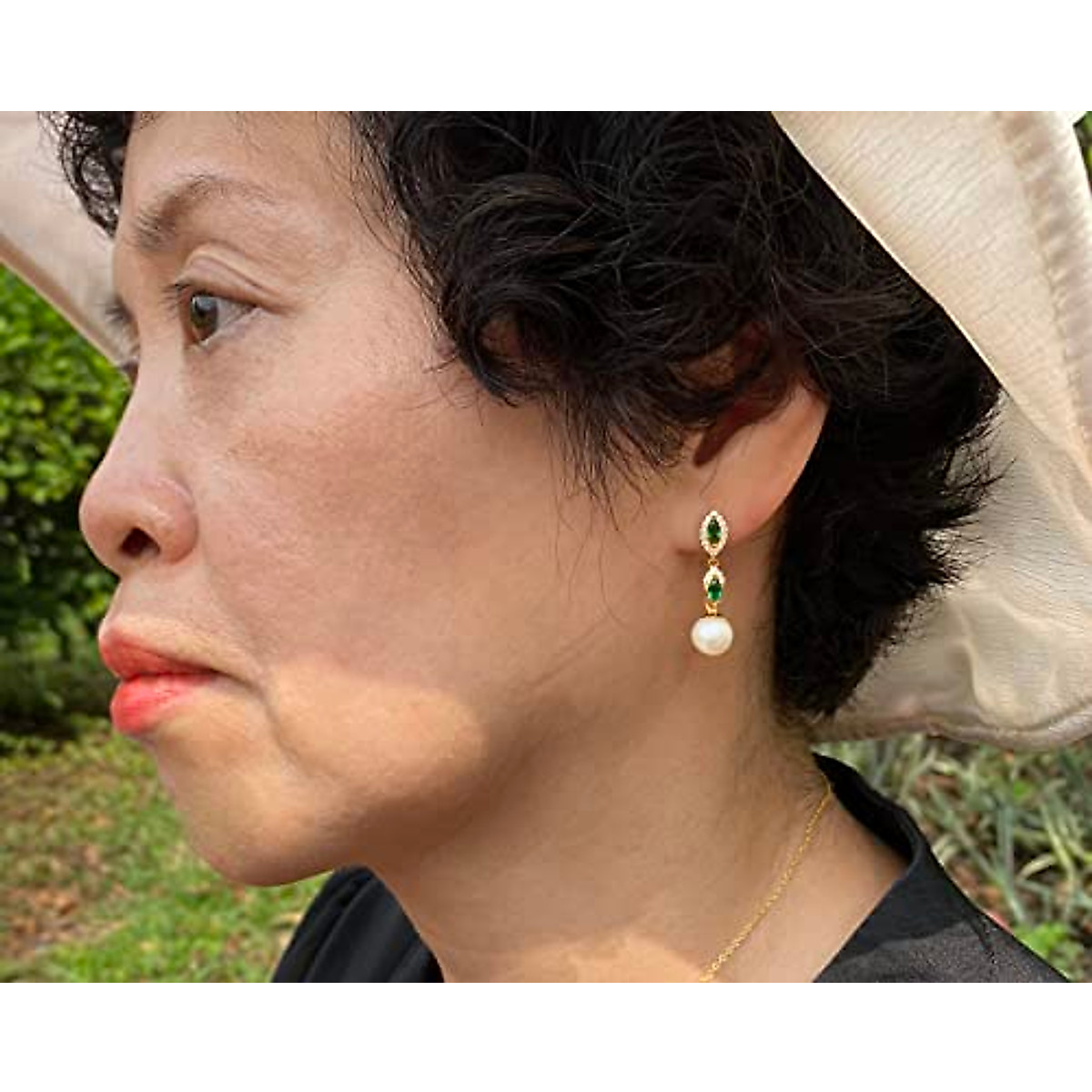 BETHZA Pearl Dangle Earrings for Women 925 Sterling Silver Long Dangle Natural Earrings Gold Plated Stud Earrings with Green Cubic Zirconia Pearl Jewelry for Wife Girlfriend