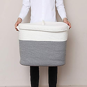 22”x14”x18” Rectangular Extra Large Storage Basket with Lid, Cotton Rope Storage Baskets, Laundry Hamper, Toy Bin, for Toys Blankets Storage in Living Room, Baby Nursery, Grey Basket with Lid