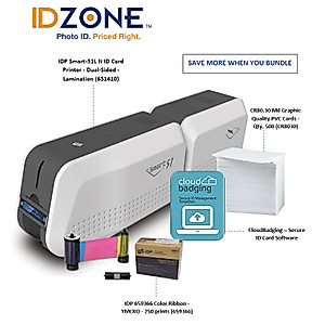 IDP Smart-51L N ID Card Printer - Dual-Sided - Lamination - 651410 w/IDP 659366 Color Ribbon - YMCKO - 250 Prints, Premium White Blank Plastic CR80 30 Mil PVC Cards (500 Pack), & CloudBadging Lite