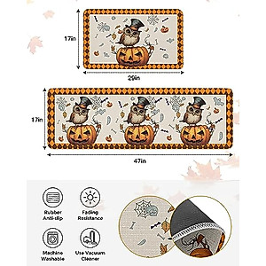 Halloween Punmkin Ghost Owl Diamond Textured Retro Kitchen Mat Set of 2,Anti-Fatigue Kitchen Rugs,Waterproof Non-Slipping Kitchen Mat for Floor, Durable Kitchen Rugs and Mats for Kitchen & Laundry