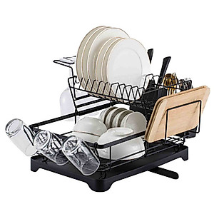 2 Tier Dish Drying Rack, Home Multi-Function Stainless Steel Large Capacity Counter Sink Drain Holds, with Swivel Drainer Spout,Black