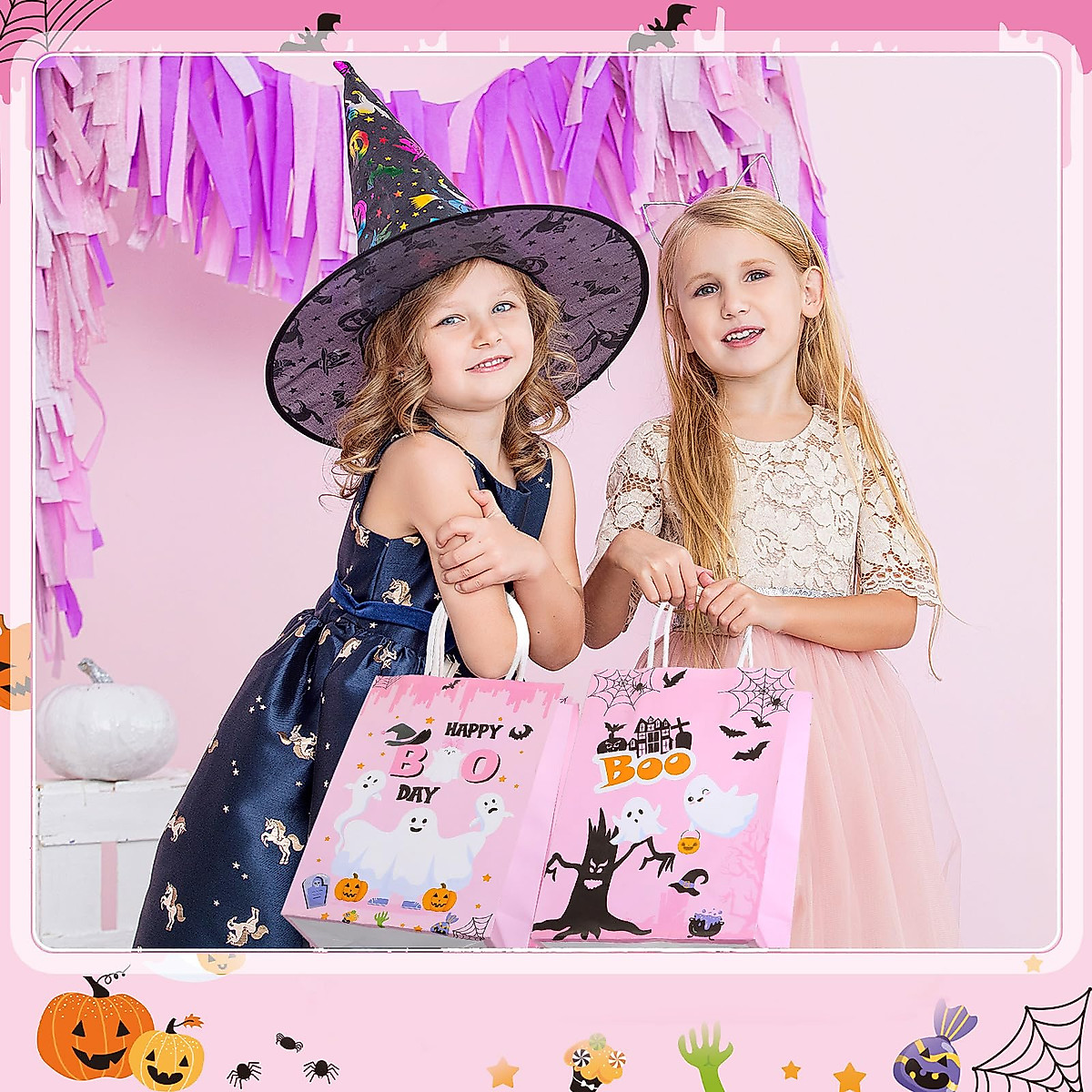 Kolldenn 48 Pieces Pink Halloween Snack Bags with Handle Hey Boo Treat Bags Bulk Little Boo Paper Gift Bags Pink Halloween Party Favor Bags Boo Bags for Halloween Party Decor