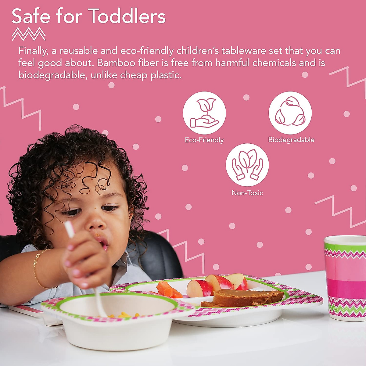 Thoneed Bamboo Kids Plate and Bowl Set | Matching Dishes for Toddlers Ages 1+ | 5 Piece Divided Dinnerware Set Includes Plate, Bowl, Cup & Utensils | Reusable, BPA Free & Dishwasher Safe (Cow)