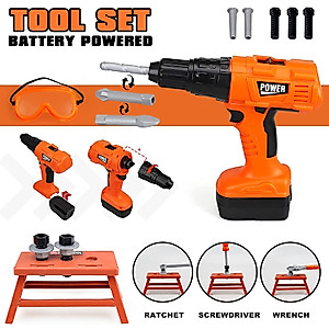 Mscredse Kids Tool Set kit Pretend Play Set Toddler Tool Toys with Construction 48Pcs Electric Drill Gifts for Boys Girls Kids Toddlers Ages 3 4 5 6 7 8 Years up (Orange)
