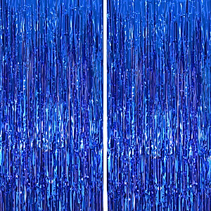 TOPPOT 2 Pack 3.3x8.2 ft Blue Foil Fringe Curtains Backdrop, Tinsel Curtain Backdrop, Streamer Backdrop for Birthday Party, Graduation and Most Common Holiday Party Decorations