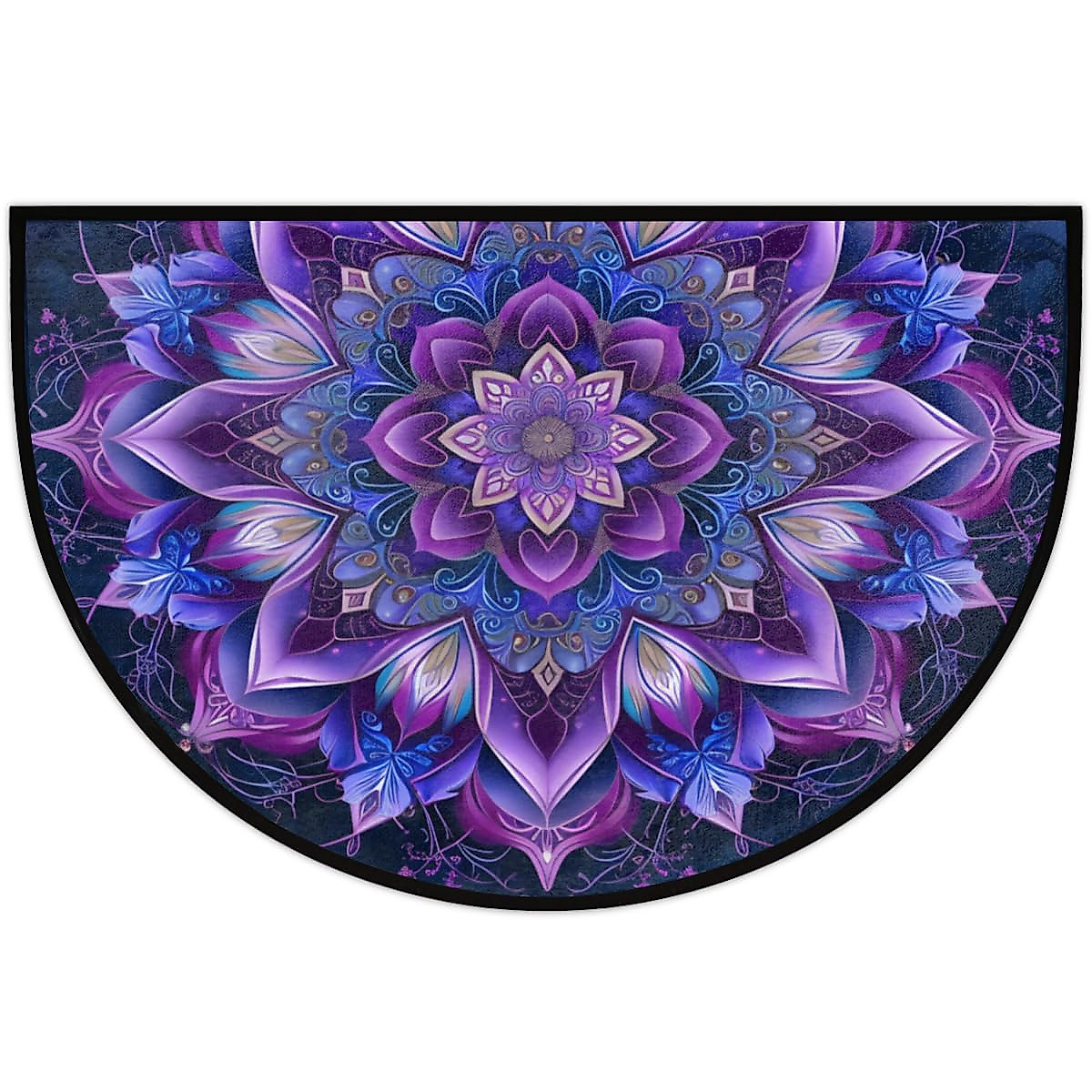 Purple Mandala Half Round Door Mat Indoor Entrance Boho Flower Washable Half Circle Area Rugs Non Slip Half Moon Rug Semi Circle Bathroom Rugs Floor Carpet for Kithen Bedroom Fireplace Decor